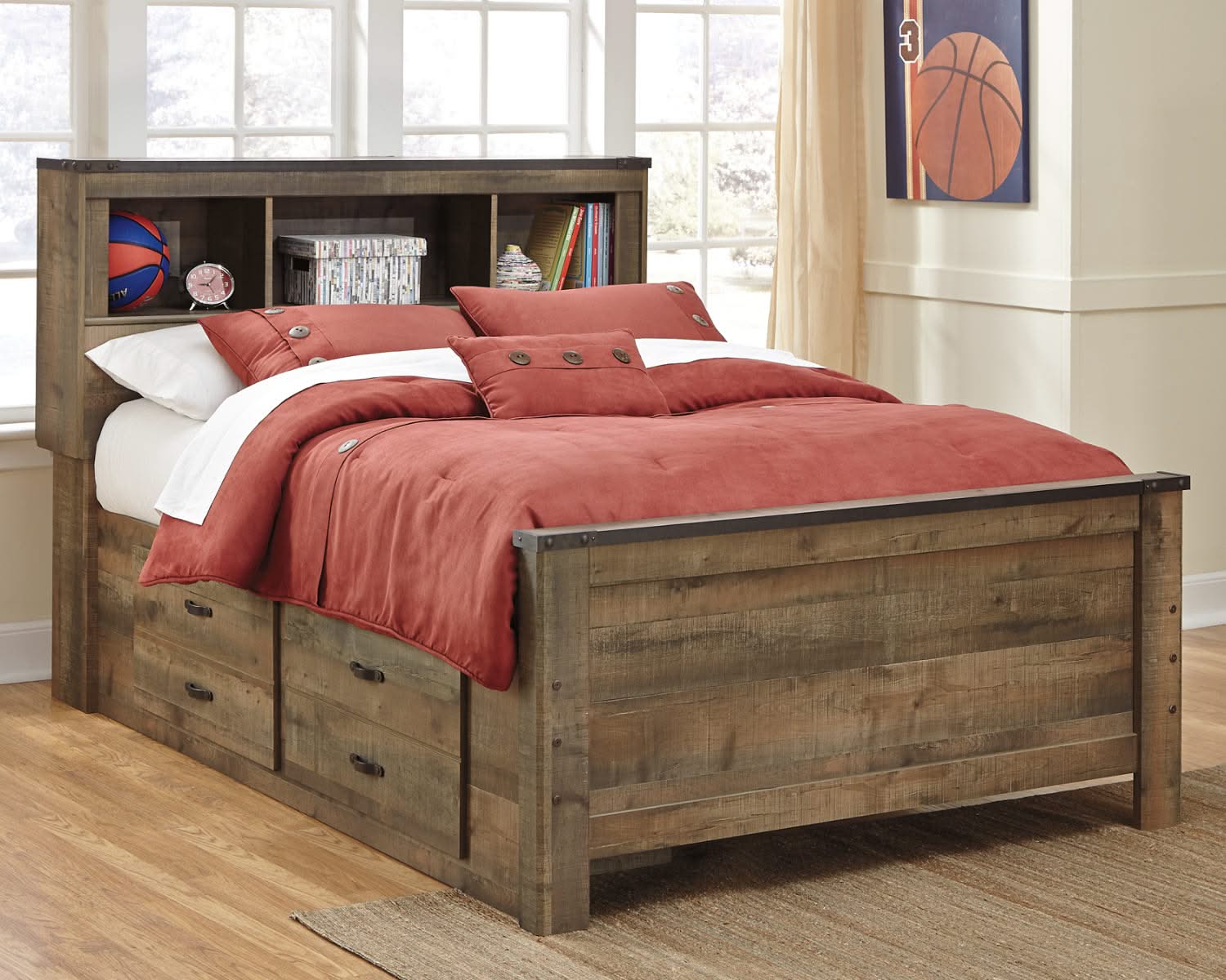 Trinell Full Bookcase Bed with 2 Sided Storage – Mikano Furniture